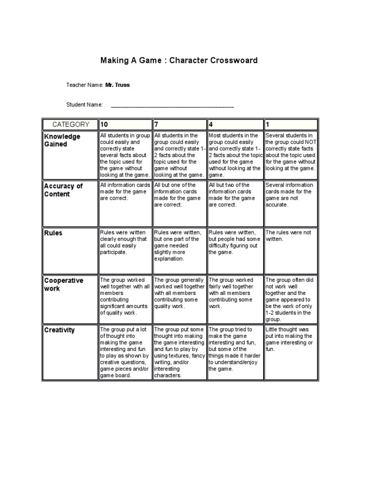 Classroom Game Design Rubric | PDF | Language Arts & Discipline