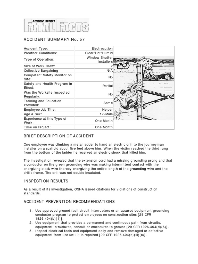 OSHA Fatal Fact 57 | Occupational Safety And Health Administration | Safety