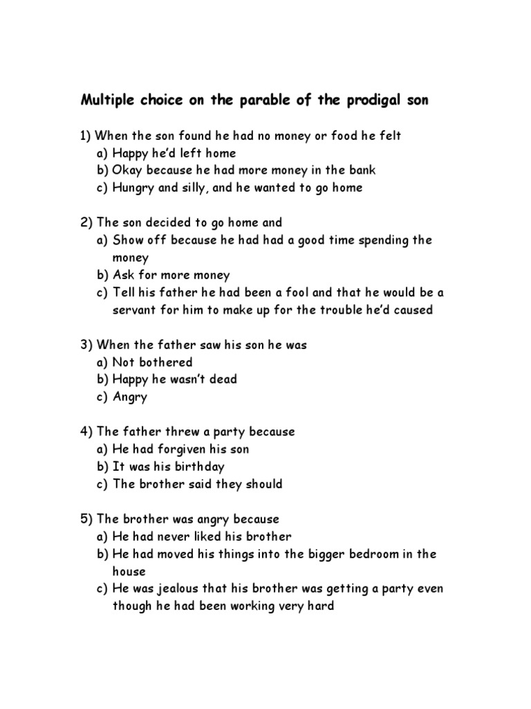 Multiple Choice On The Parable of The Prodigal Son | PDF | Cooking ...
