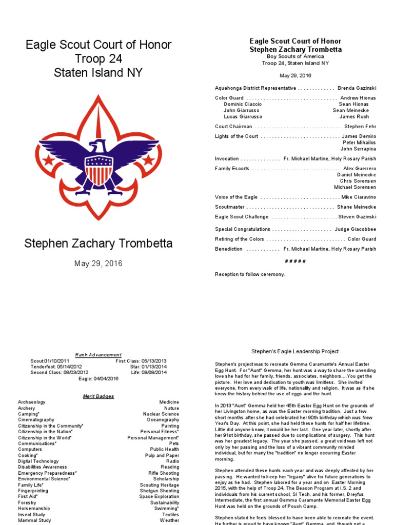 SZT Eagle Court of Honor Program | PDF | Boy Scouts Of America | Youth ...