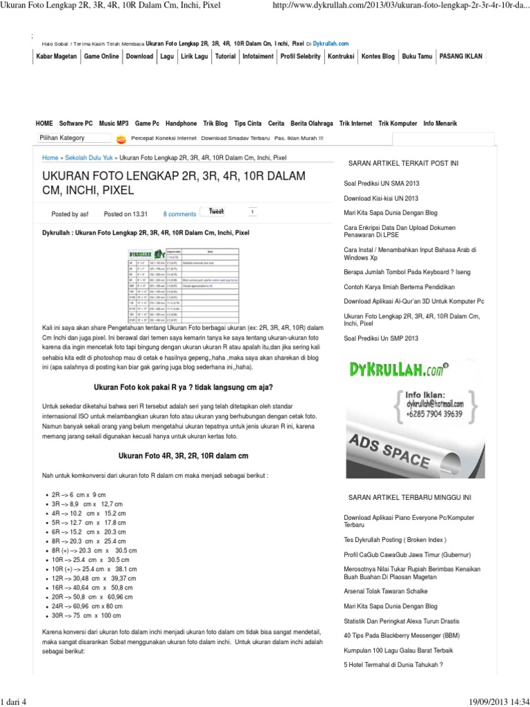 Ukuran Foto Lengkap 2R, 3R, 4R, 10R Dalam CM, Inchi, Pixel | PDF