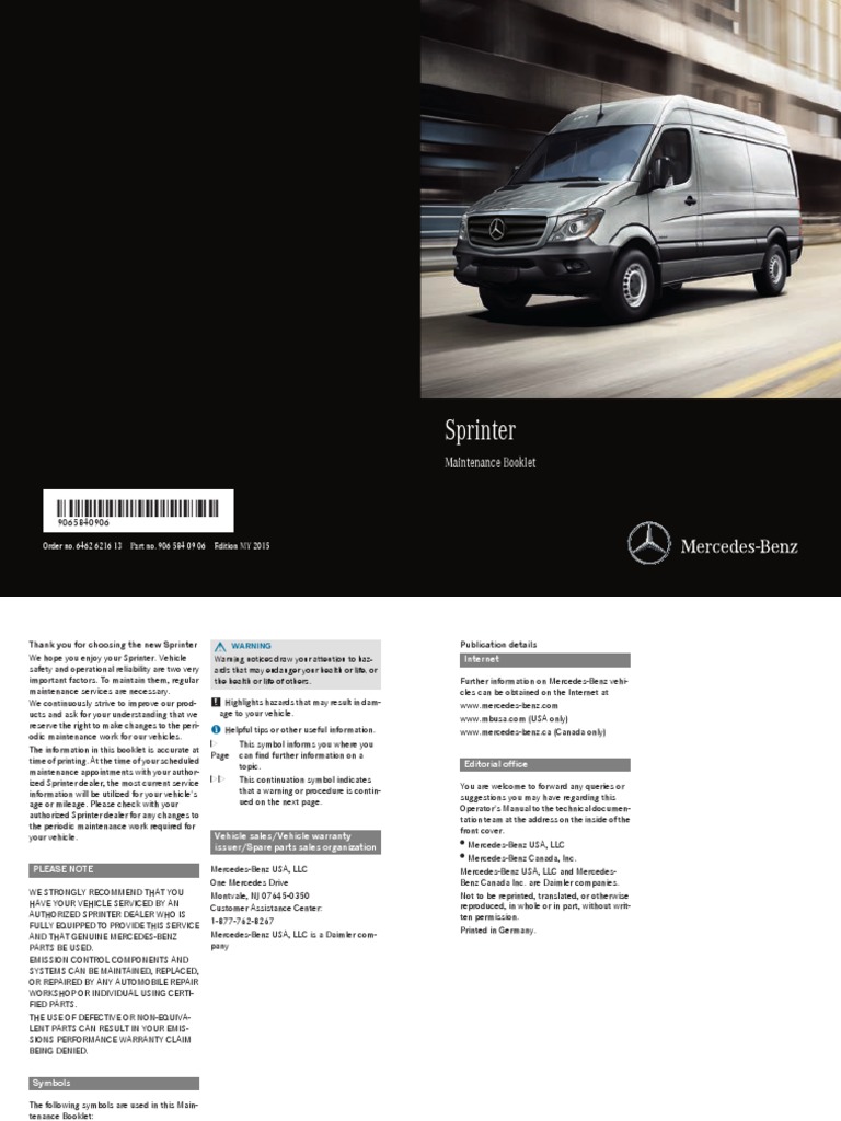 2015 Mercedes Benz Sprinter Maintenance Manual | PDF | Tire | Diesel Fuel