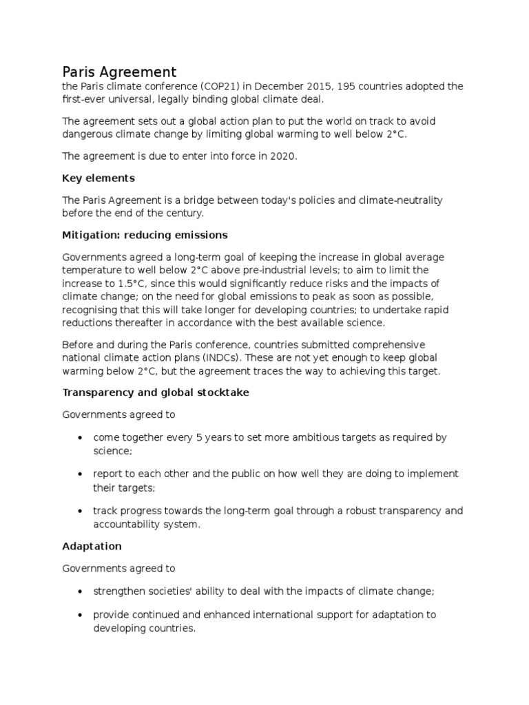 Paris Agreement | PDF | United Nations Framework Convention On Climate ...