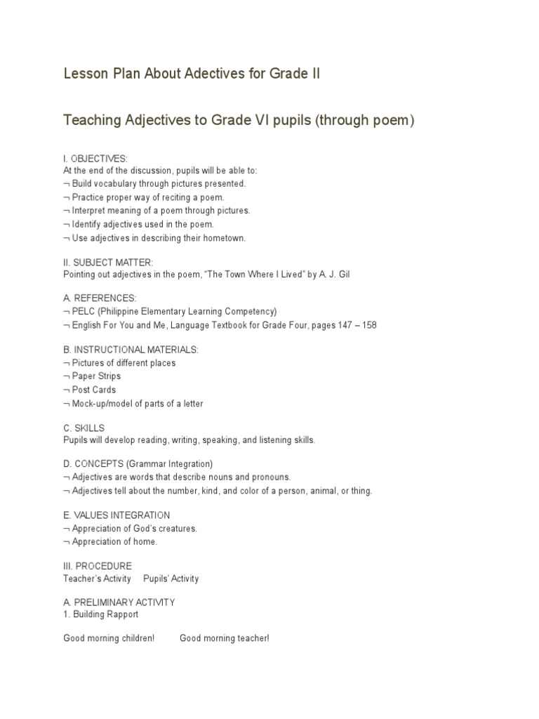 Lesson Plan About Adectives For Grade II | PDF | Adjective | Lesson Plan