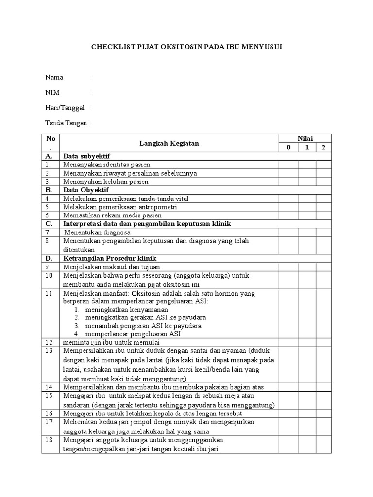 Checklist Pijat Oxytocin Ku | PDF