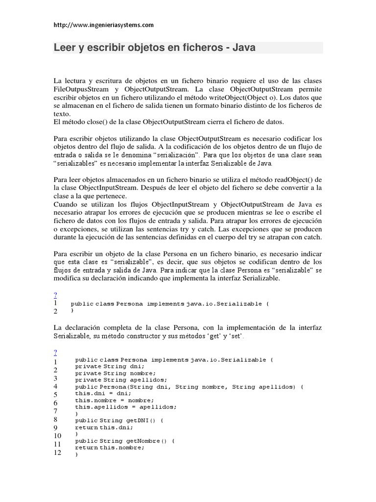 Leer y Escribir Objetos en Ficheros | PDF | Java (lenguaje de programación) | Clase ...