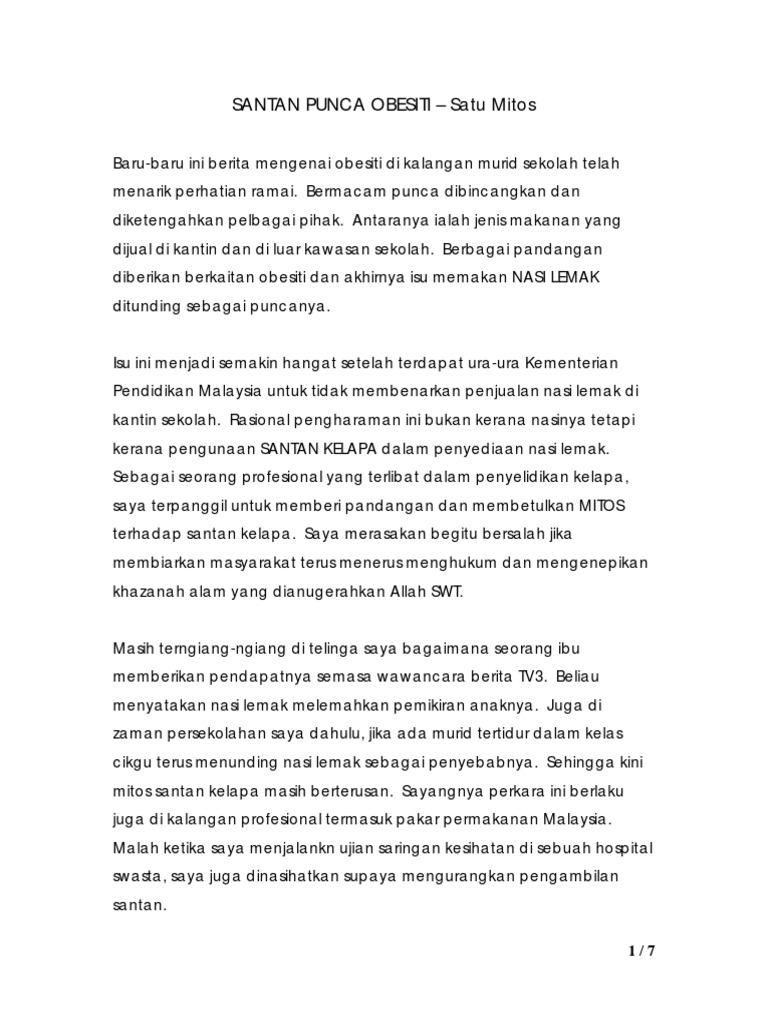 Santan Punca Obesiti - Satu Mitos | PDF