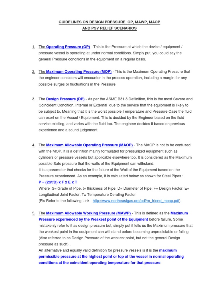 Guidelines on Dp, Op, Mop, Maop, Mawp, Psv Setpoints | Pipe (Fluid ...