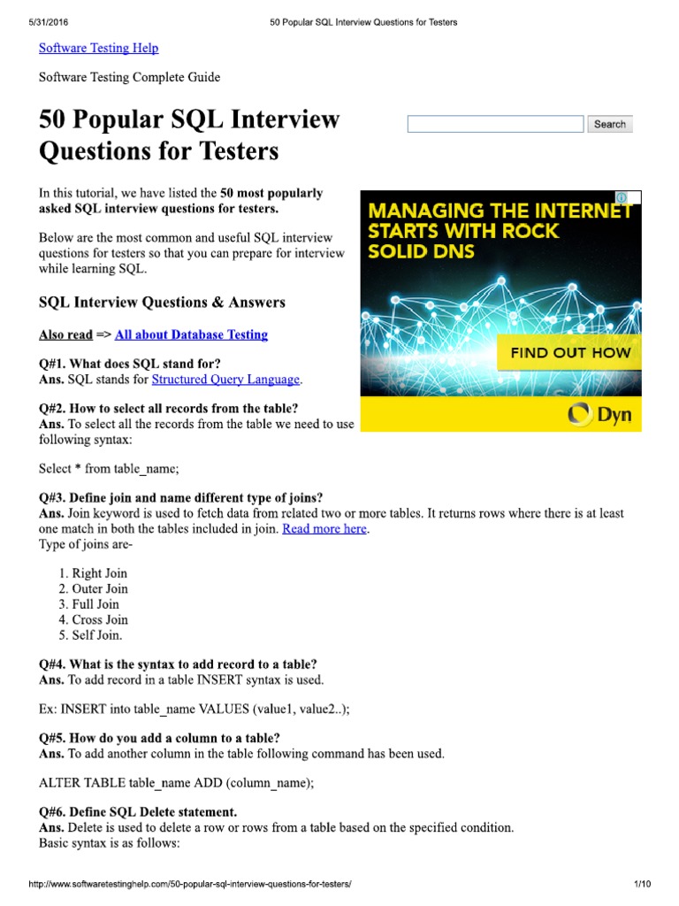 50 Popular SQL Interview Questions For Testers | PDF