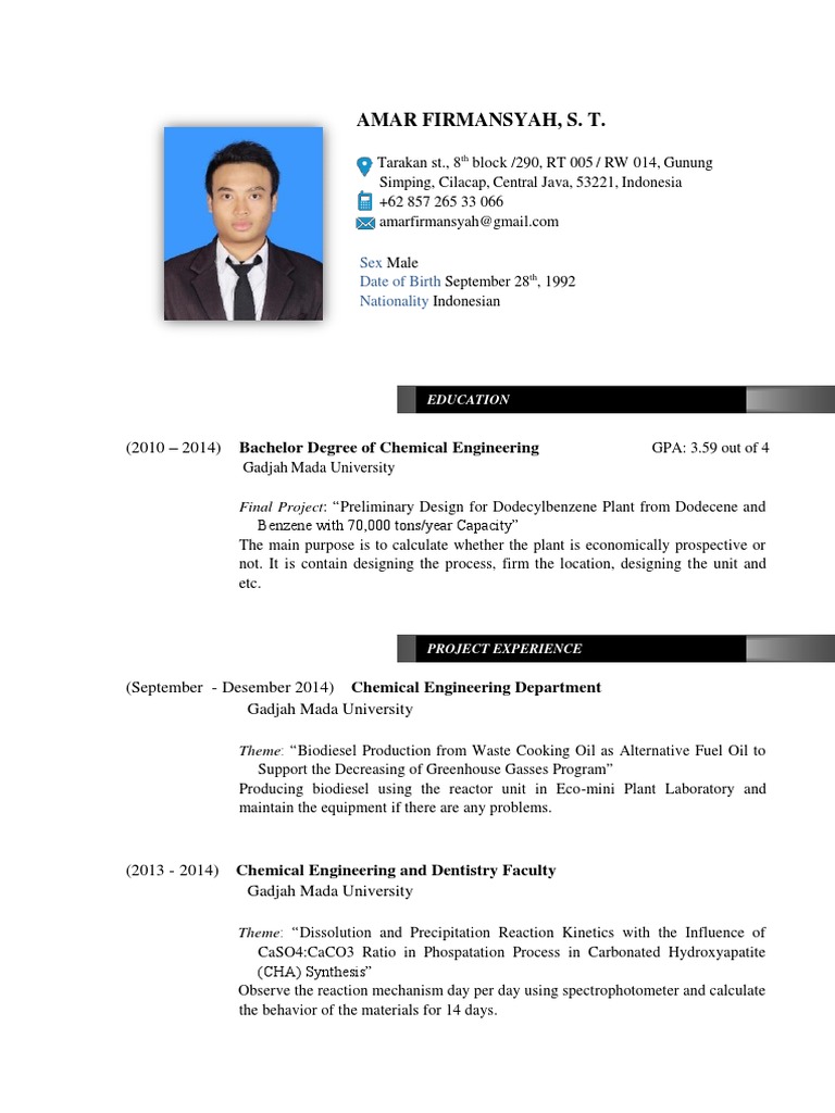 Contoh CV | PDF | Chemical Engineering | Biodiesel