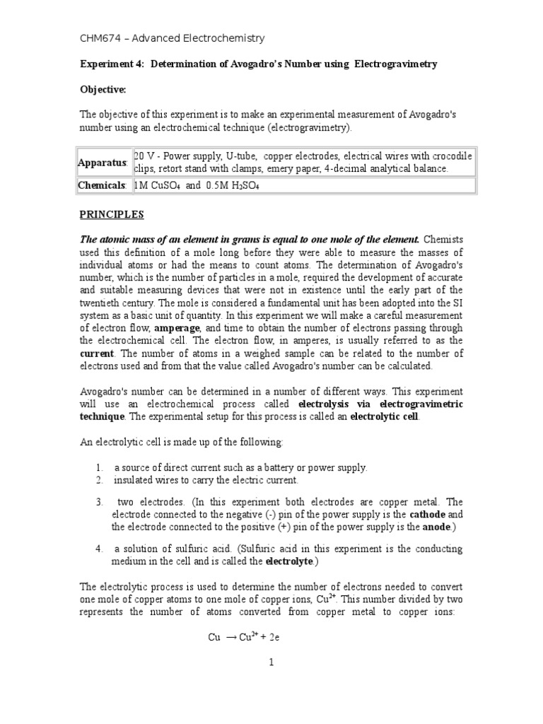 Experiment 4 Electrogravimetry - Determination of Avogadro | PDF ...