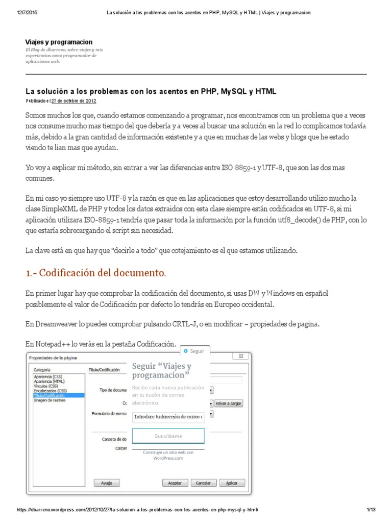 La Solución A Los Problemas Con Los Acentos en PHP, MySQL y HTML - Viajes y Programacion | PDF ...