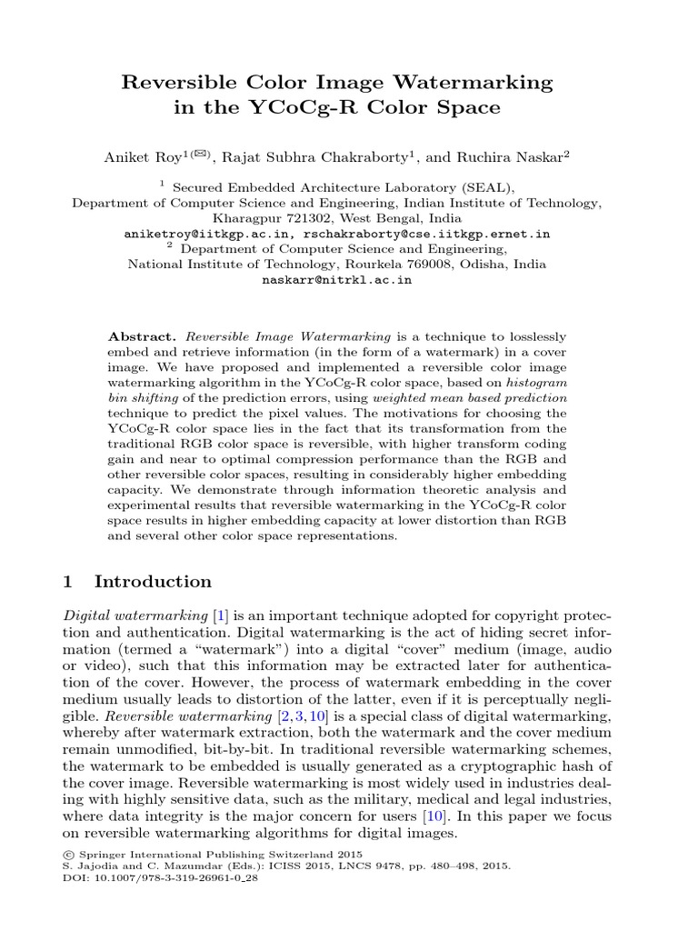 Reversible Color Image Watermarking in YCoCg Space | PDF | Data Compression | Principal ...