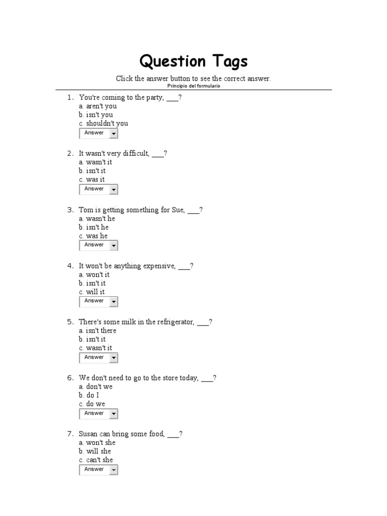 Question Tags Exercises and Answers | PDF