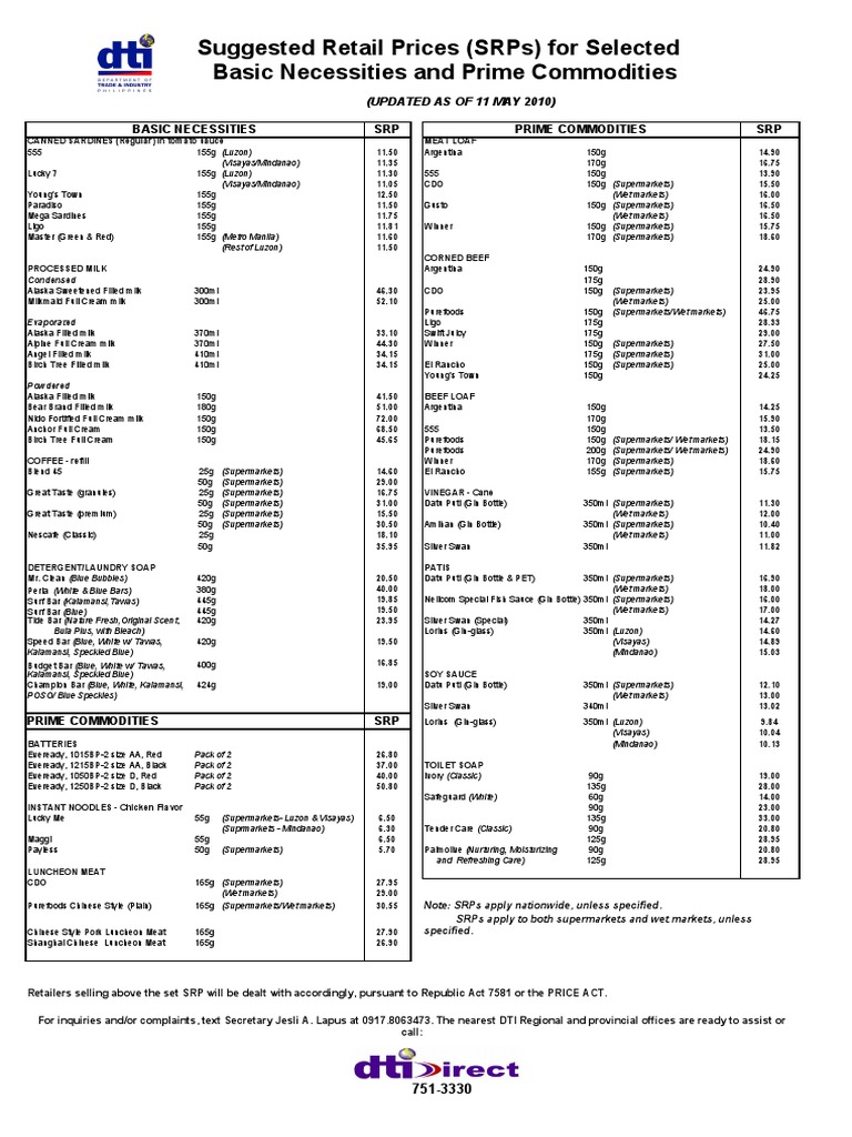 Suggested Retail Prices (SRPS) For Selected Basic Necessities and Prime ...