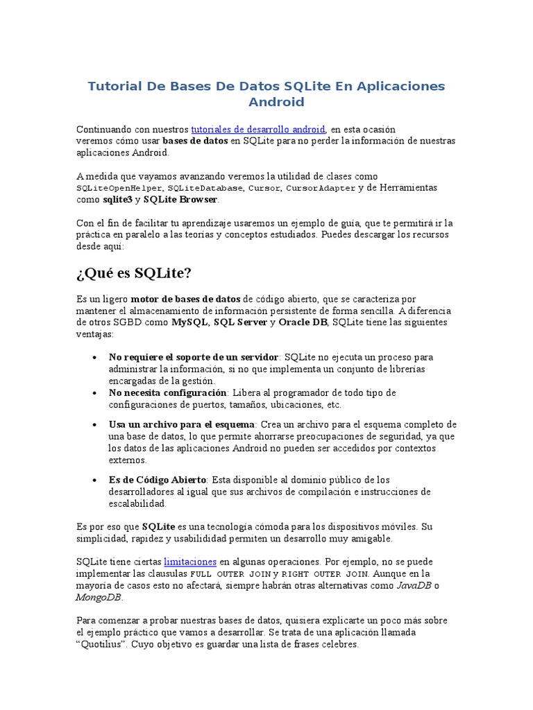 Tutorial de Bases de Datos SQLite en Aplicaciones Android | PDF | Tabla (base de datos) | SQL