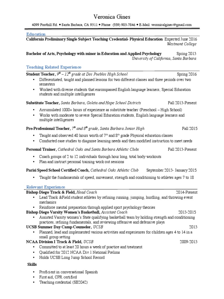 Veronica Gines: Teaching & Coaching Resume | PDF