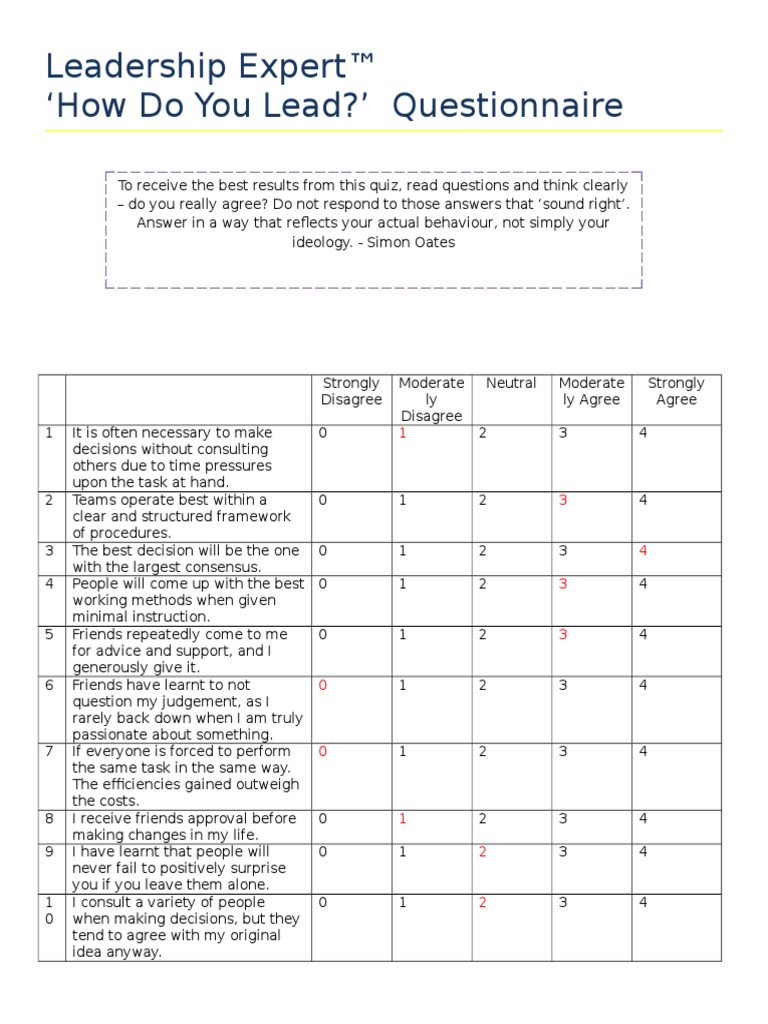 Leadership Expert Questionnaire | PDF | Leadership | Psychological Concepts