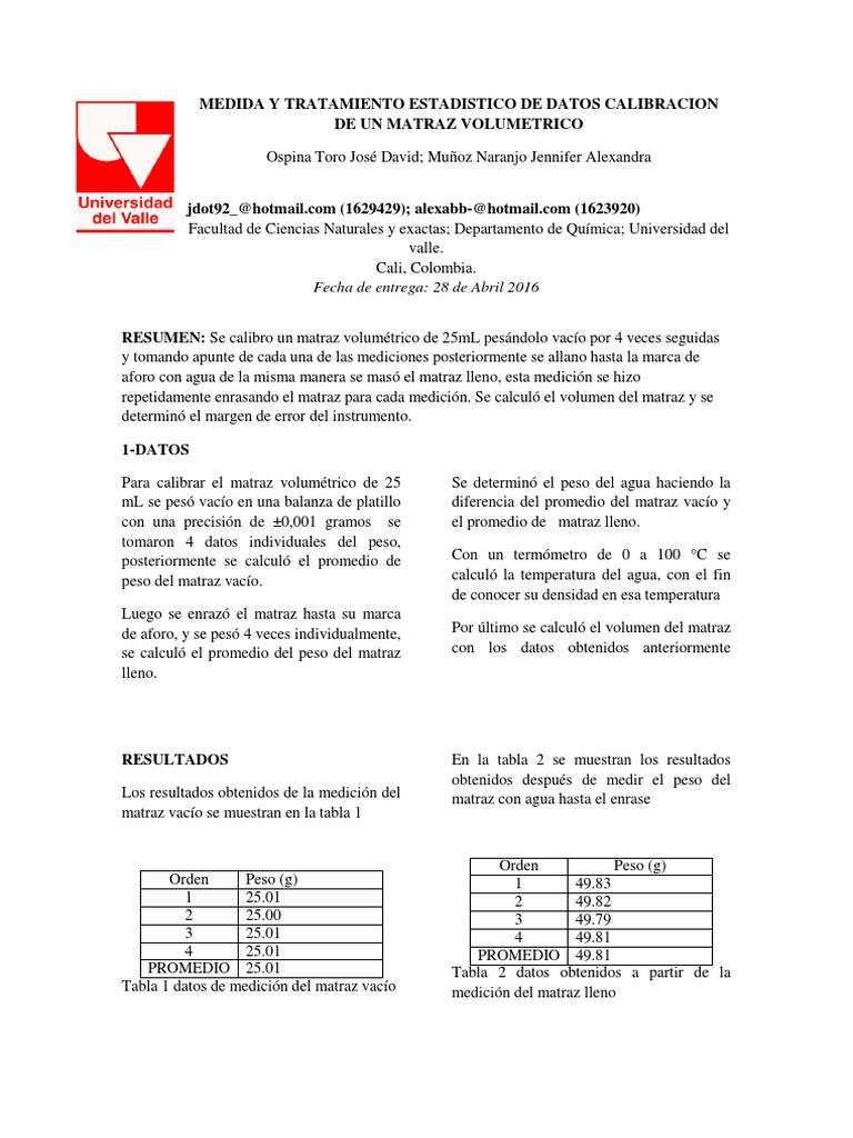 Medida y Tratamiento Estadistico de Datos Calibracion de Un Matraz ...