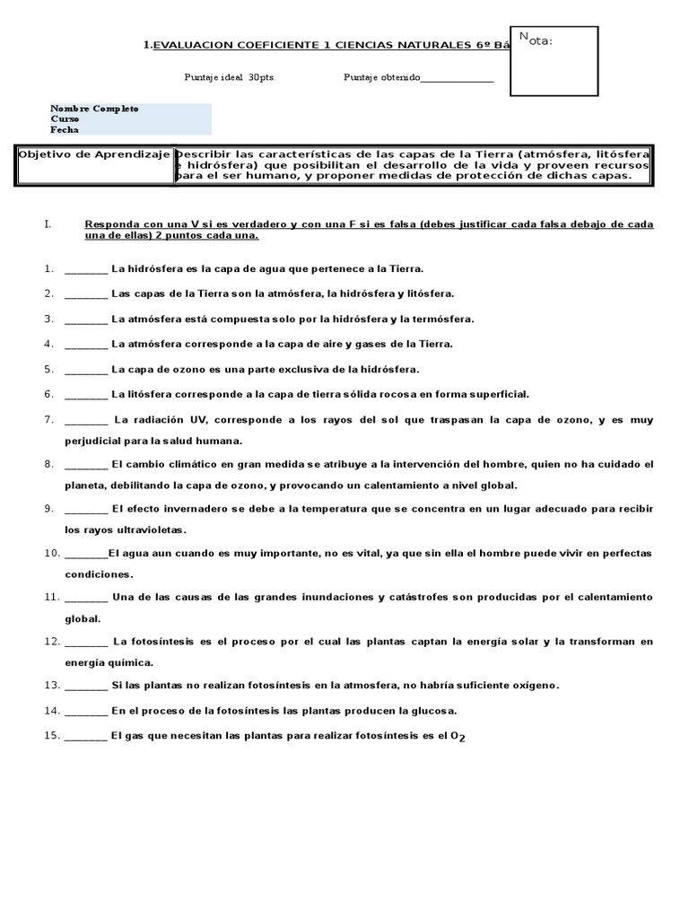 Evaluación Capas de la Tierra 6º Básico | PDF