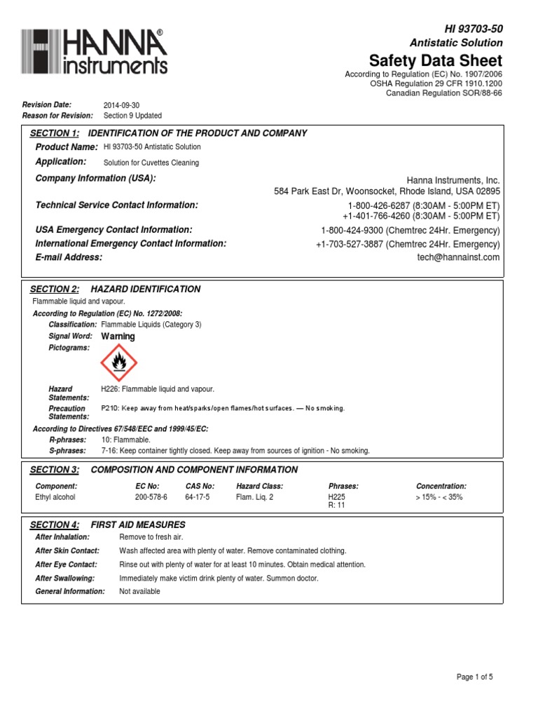 SDS - Hi 93703-50 - 2014-09-30 PDF | PDF | Personal Protective ...