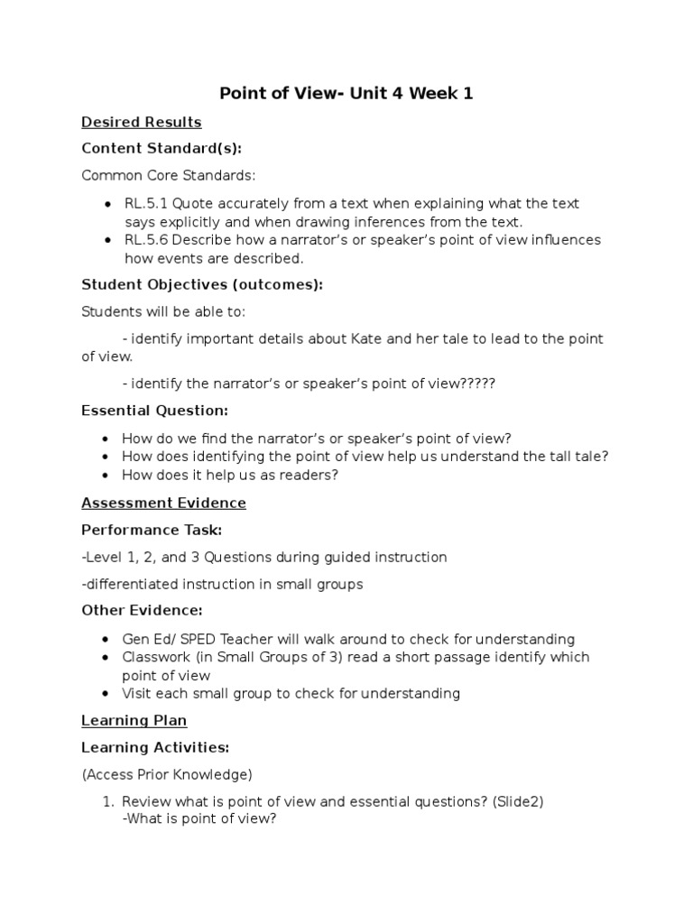 Point of View Lesson Plan for 7th Grade | PDF | Career & Growth ...