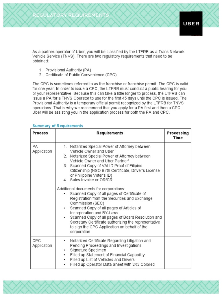Uber Regulatory Requirements | PDF | Uber (Company) | Notary Public