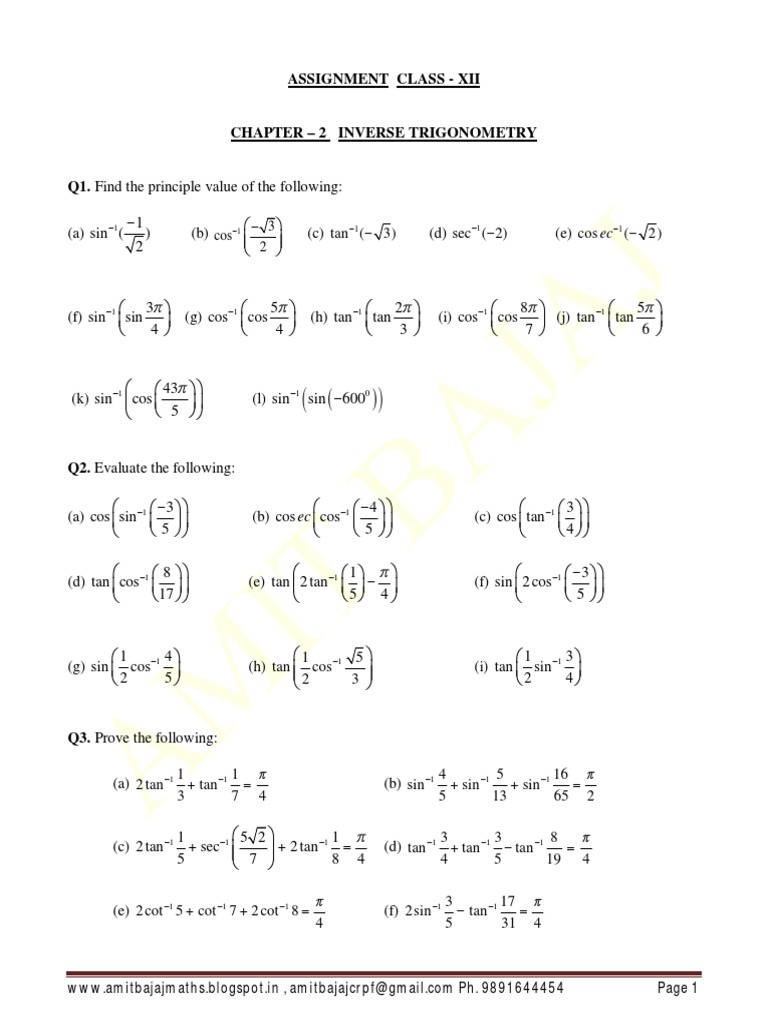 Class XII Assignment - Inverse Trigonometry | PDF | Trigonometric Functions | Trigonometry