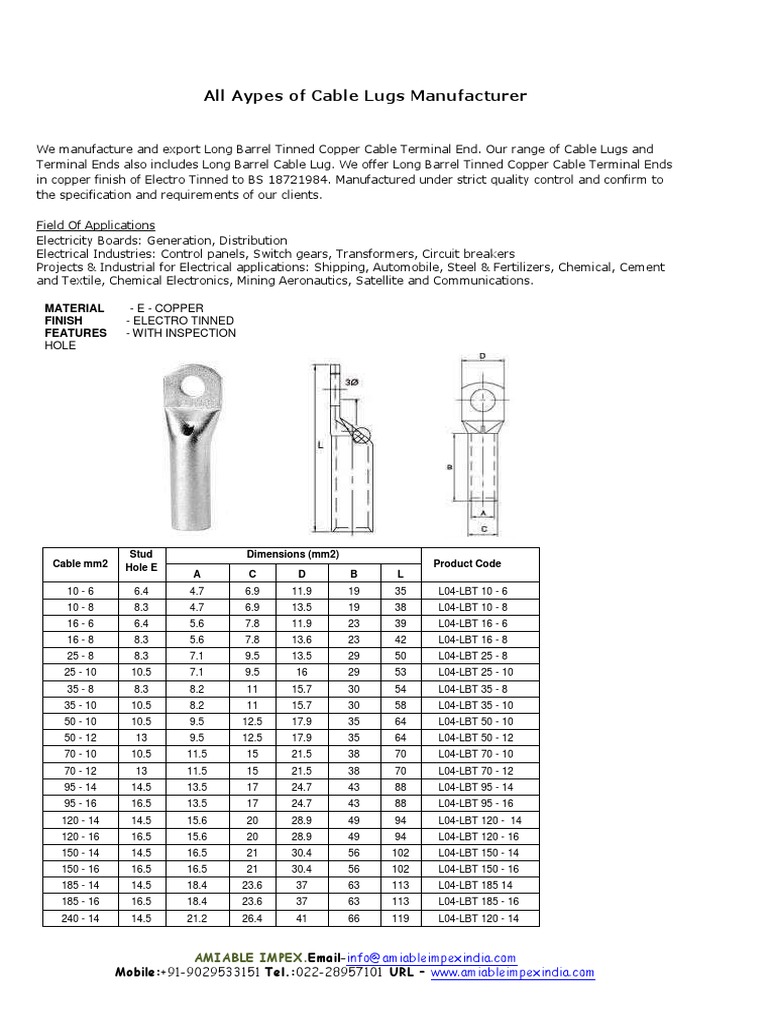 Types of Cable Lugs and Sizes | PDF | Electrical Connector | Screw