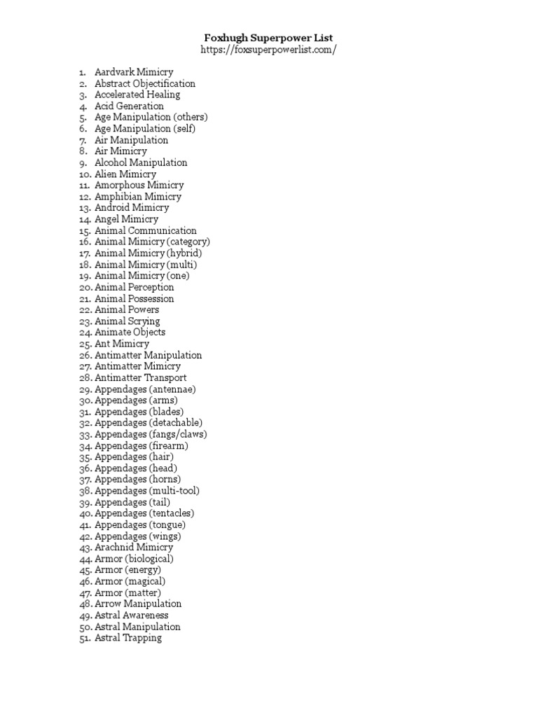 Foxhugh Superpower List Numbered | PDF | Senses | Nature