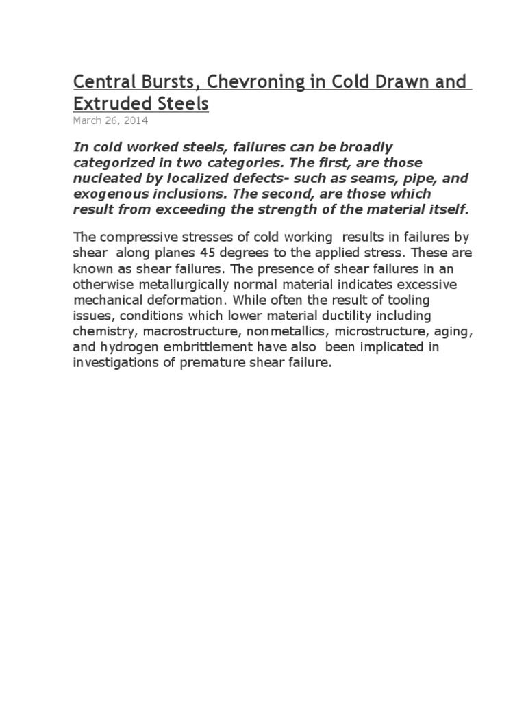 Central Bursts, Chevroning in Cold Drawn and Extruded Steels | PDF