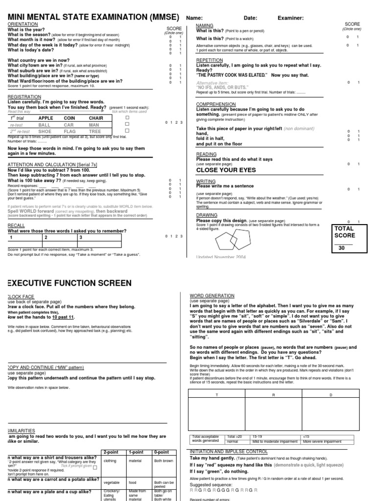 Mini Mental State Examination (Mmse) : Name: Date: Examiner | Download ...