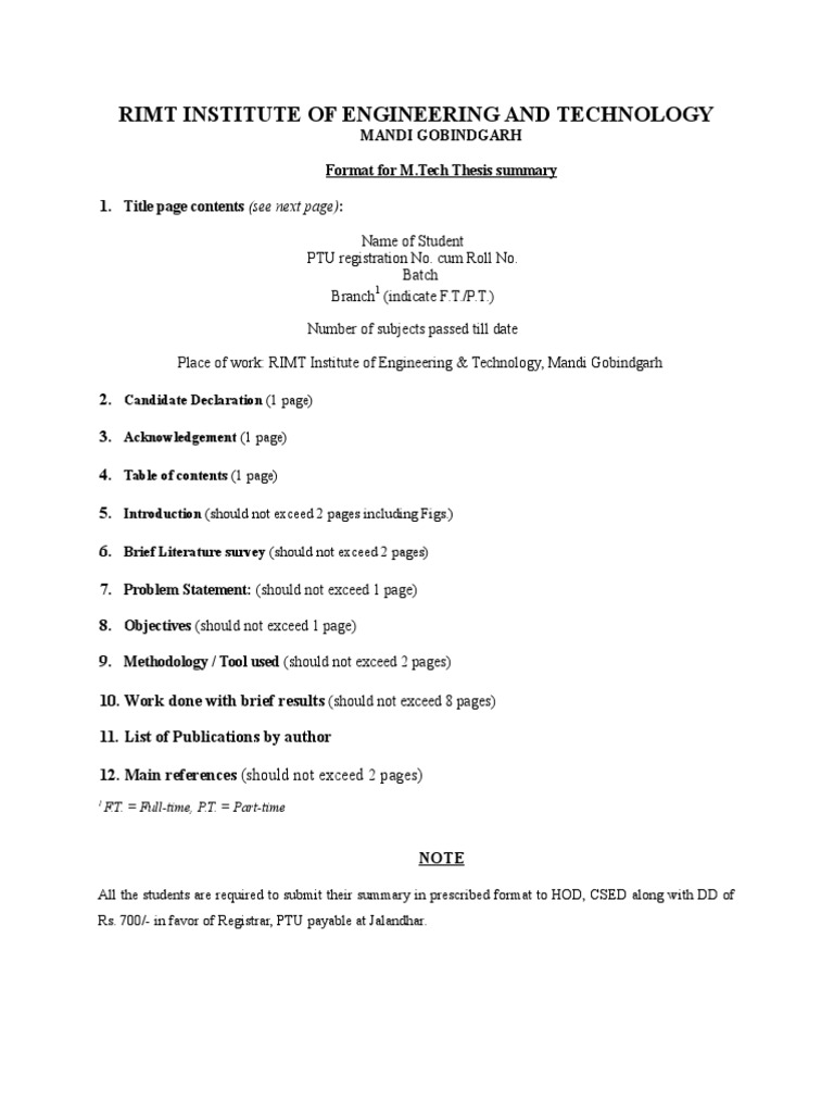 MTech Thesis Summary Format | PDF | Thesis | Science And Technology