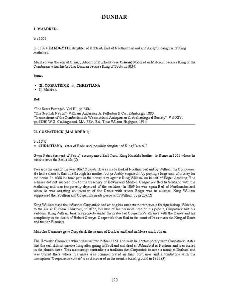 Dunbar Family Genealogy Overview | PDF | Robert The Bruce | Earl