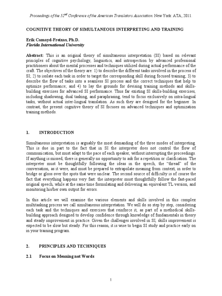 A Cognitive Theory of Simultaneous Interpreting: Describing the Mental ...