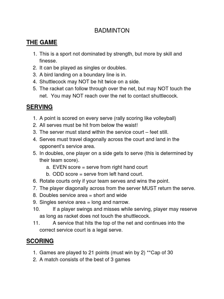 Badminton - Basic Rules | Recreation | Leisure | Free 30-day Trial | Scribd