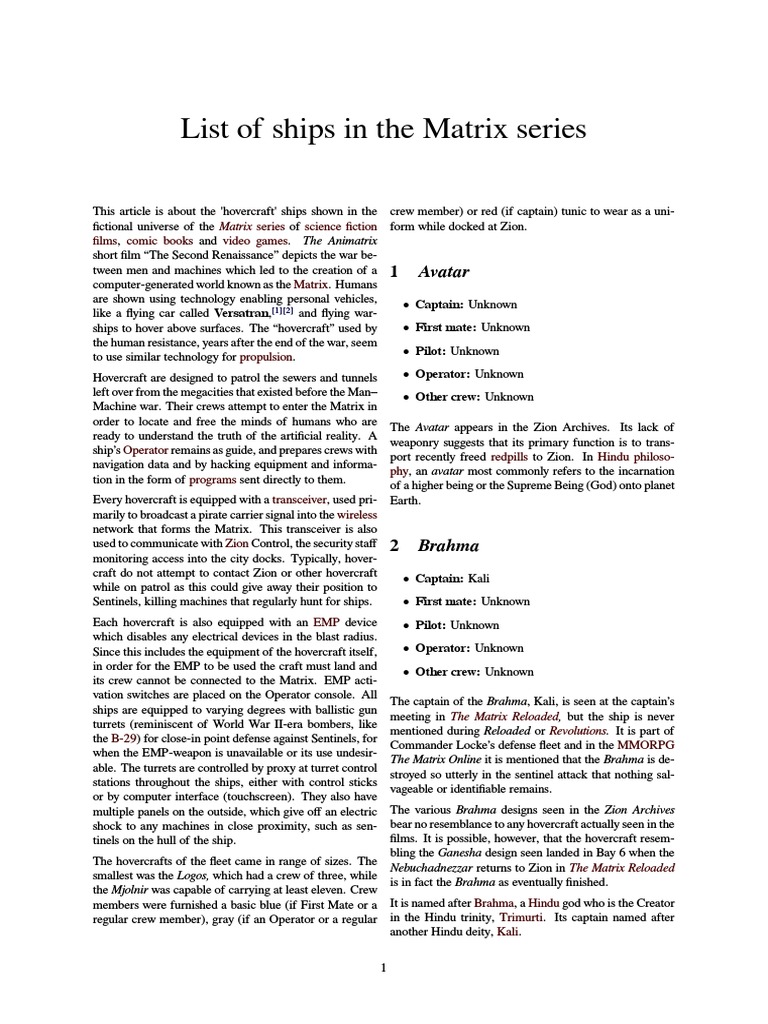 List of Ships in the Matrix Universe | PDF | Leisure