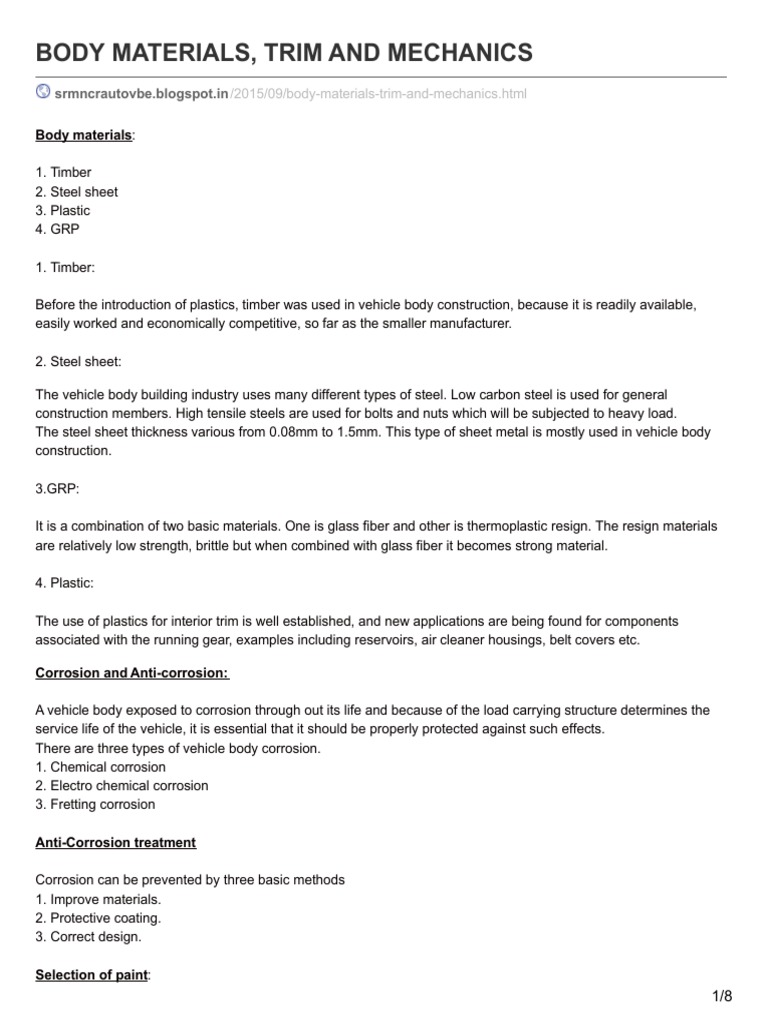Automobile Body Materials Trim and Mechanics | Download Free PDF ...