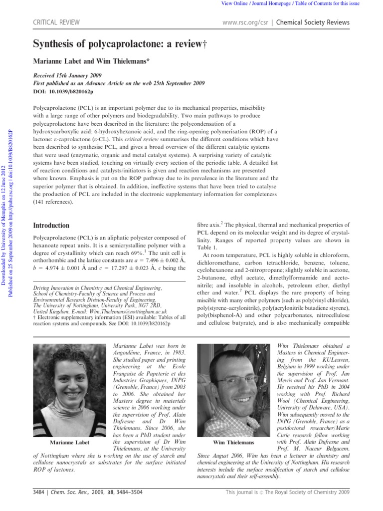 Overview of Polycaprolactone Synthesis | PDF | Polymerization | Polymers