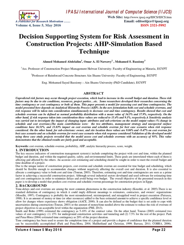 Decision Supporting System For Risk Assessment in Construction Projects ... Decision Supporting System For Risk Assessment in Construction Projects ...