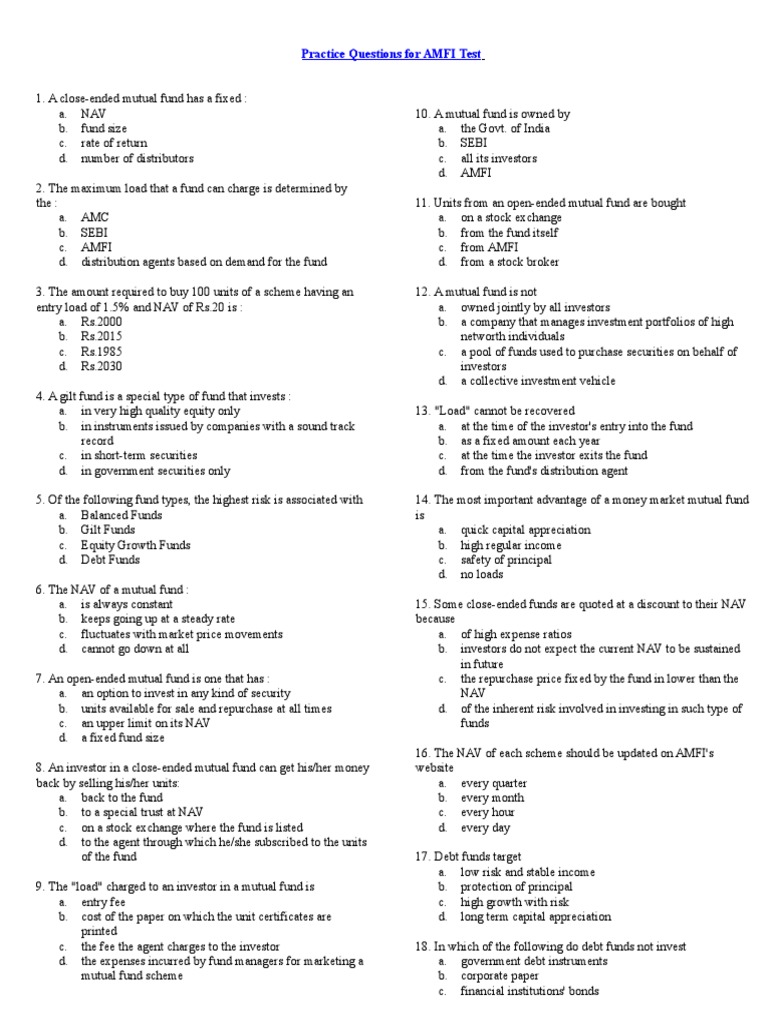 Practice Questions For AMFI Test | PDF | Bonds (Finance) | Mutual Funds