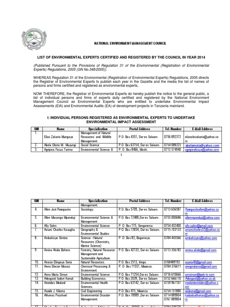 List of EIA and EA Experts - 2014 | PDF | Environmental Impact ...