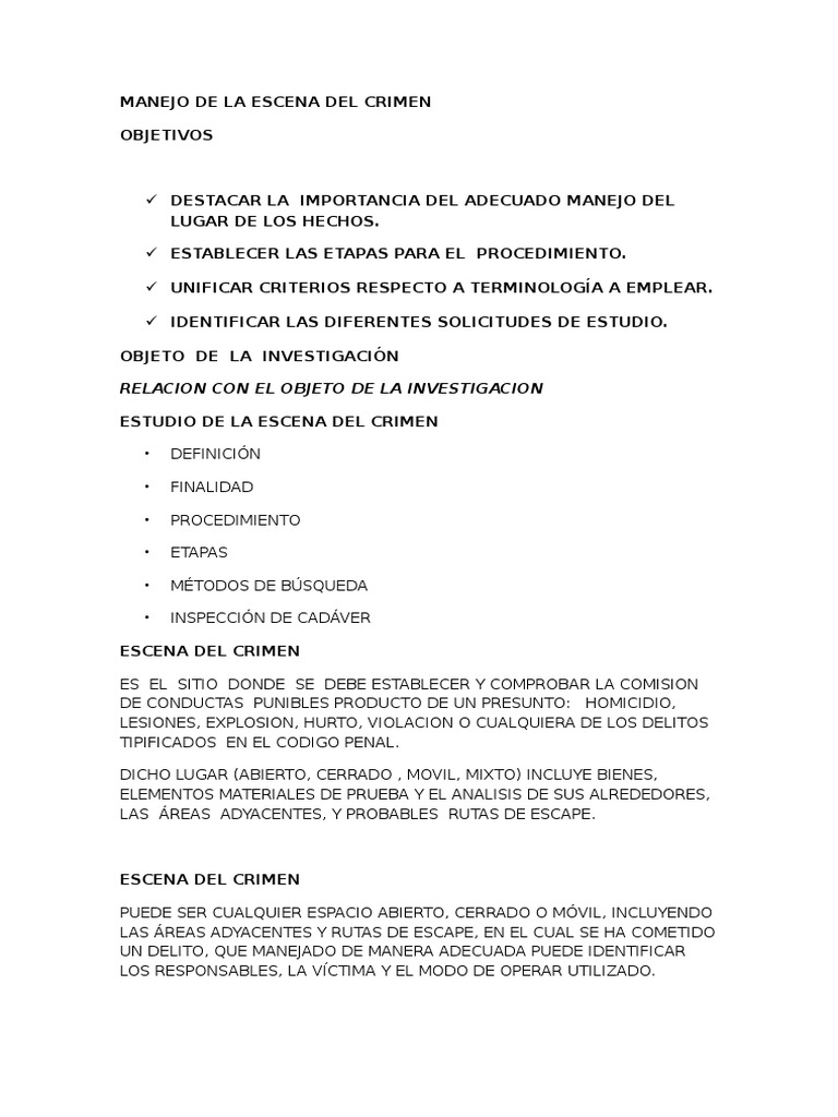 Manejo de La Escena Del Crimen. Criminalistica | Ciencia forense | Crímenes
