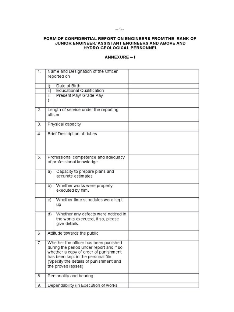 Form Of Confidential Report On Engineers From The Rank Of Junior