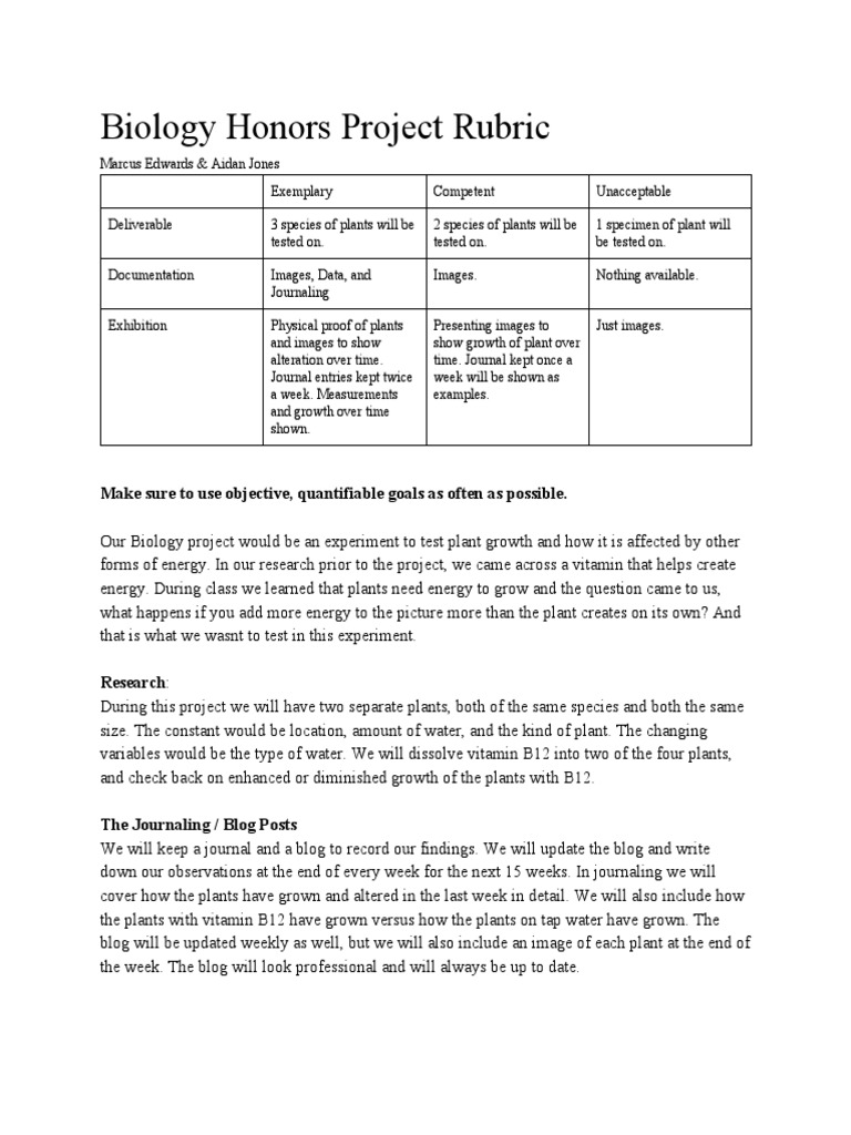 Biology Honors Project Rubric: Make Sure To Use Objective, Quantifiable ...