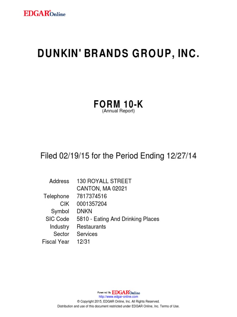 Dunkin 10K Report | PDF | Form 10 K | Franchising