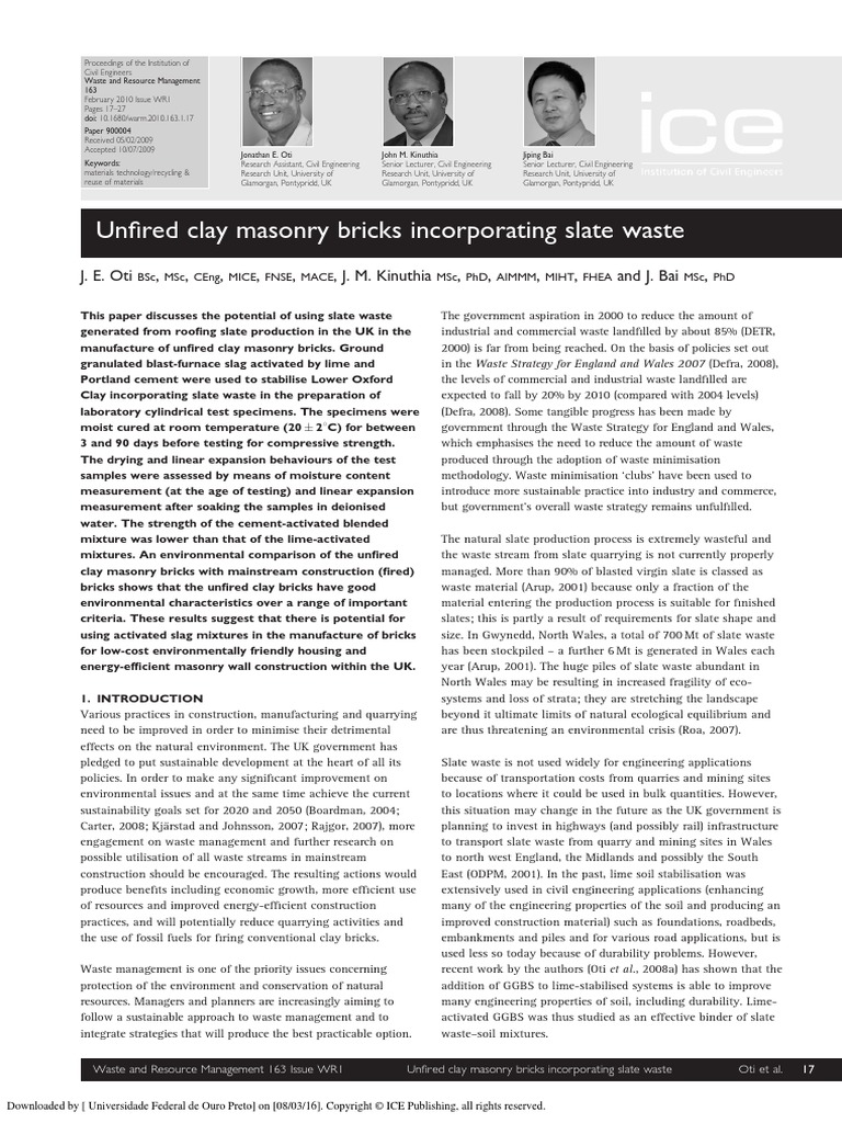 Unfired Clay Masonry Bricks Incorporating Slate Waste | PDF | Brick | Sand