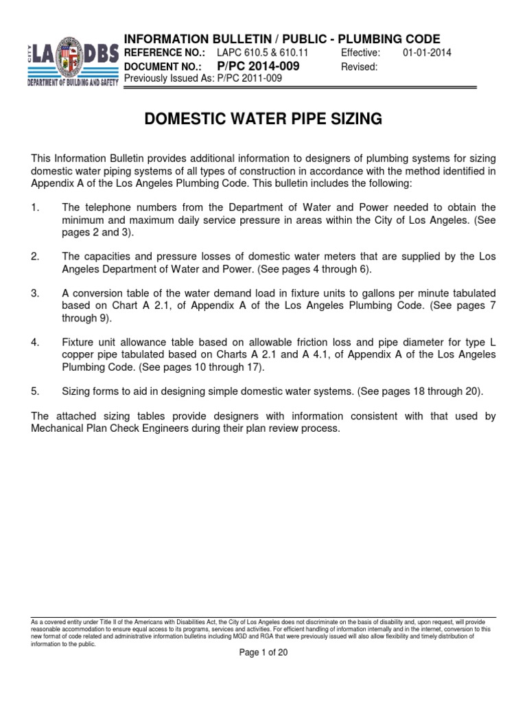 LA Plumbing Code Bulletin on Domestic Water Pipe Sizing | PDF ...
