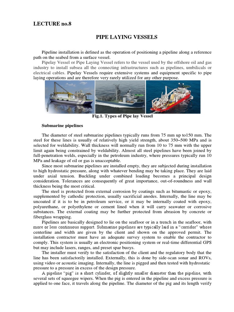 LECTURE No.8 Pipe Laying Vessels: Fig.1. Types of Pipe Lay Vessel ...