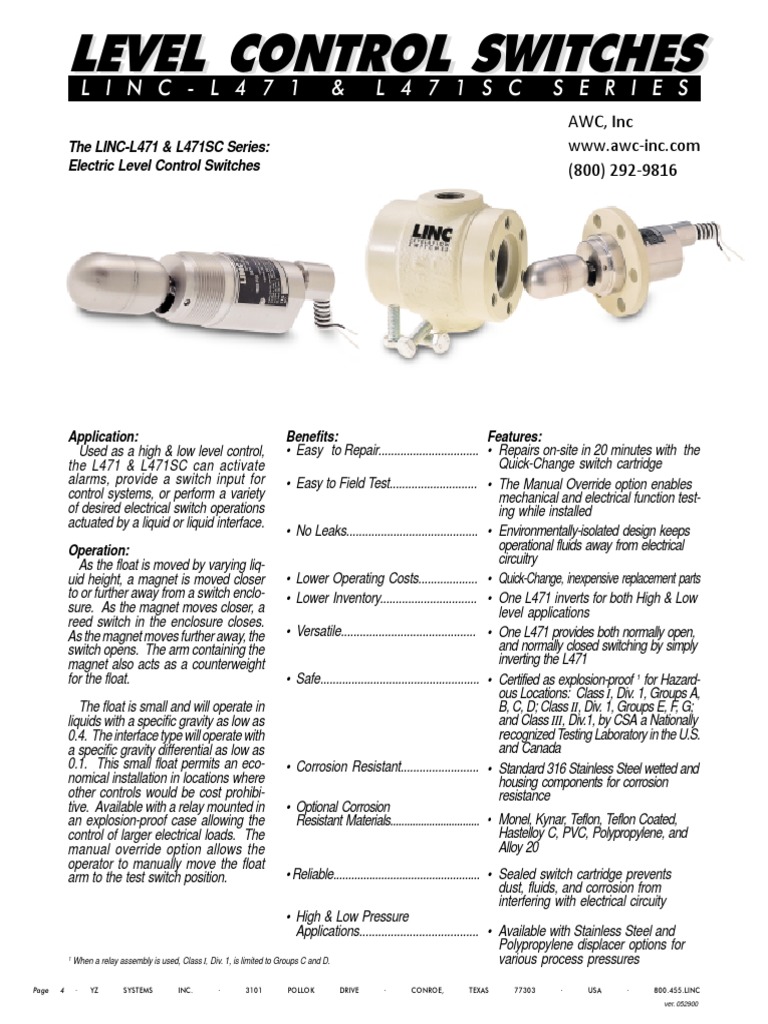 Linc L471 Level Switch Data Sheet | Switch | Corrosion